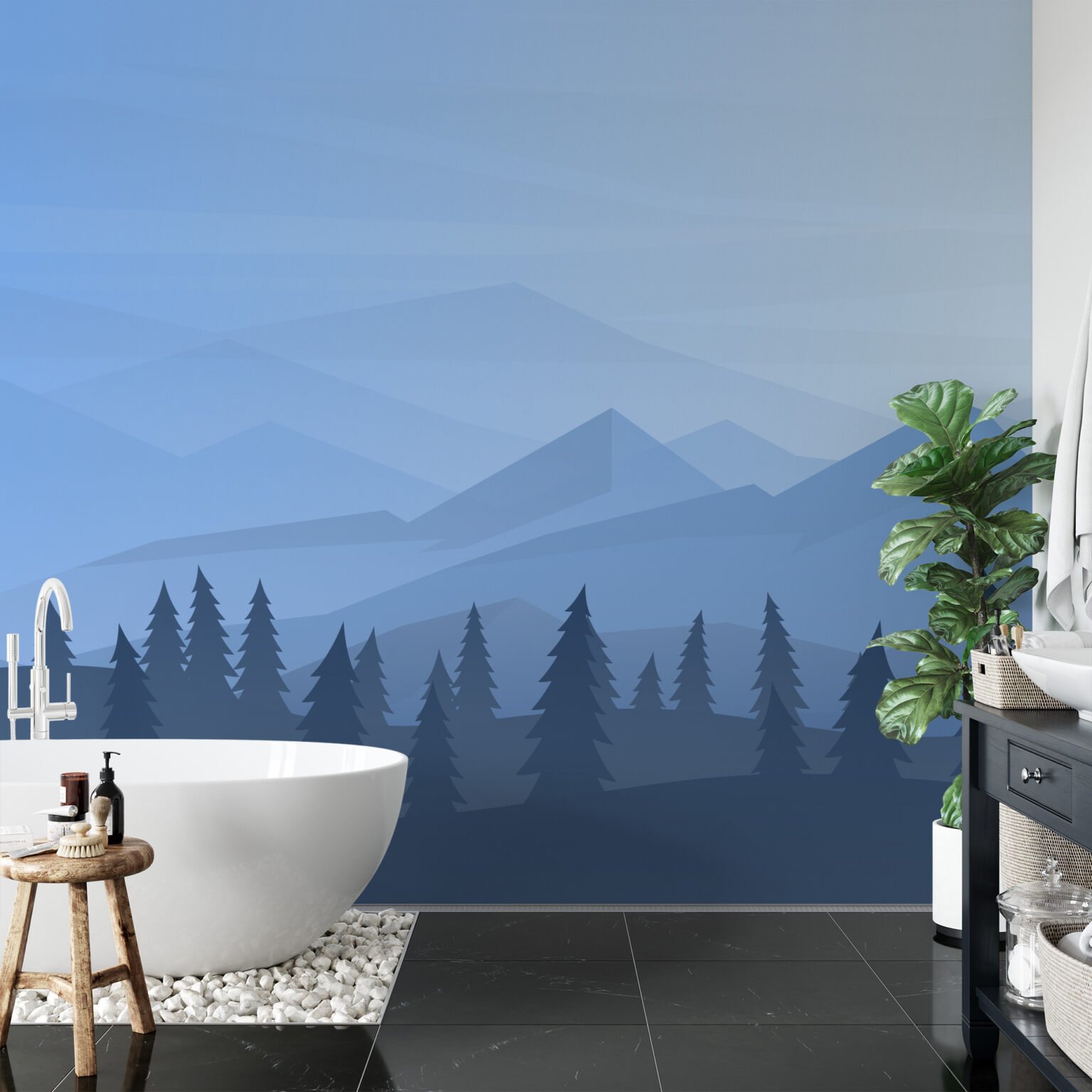 Serin Mavi Tonlarında Dağlar ve Ağaçlar Duvar Kağıdı | Duvarium