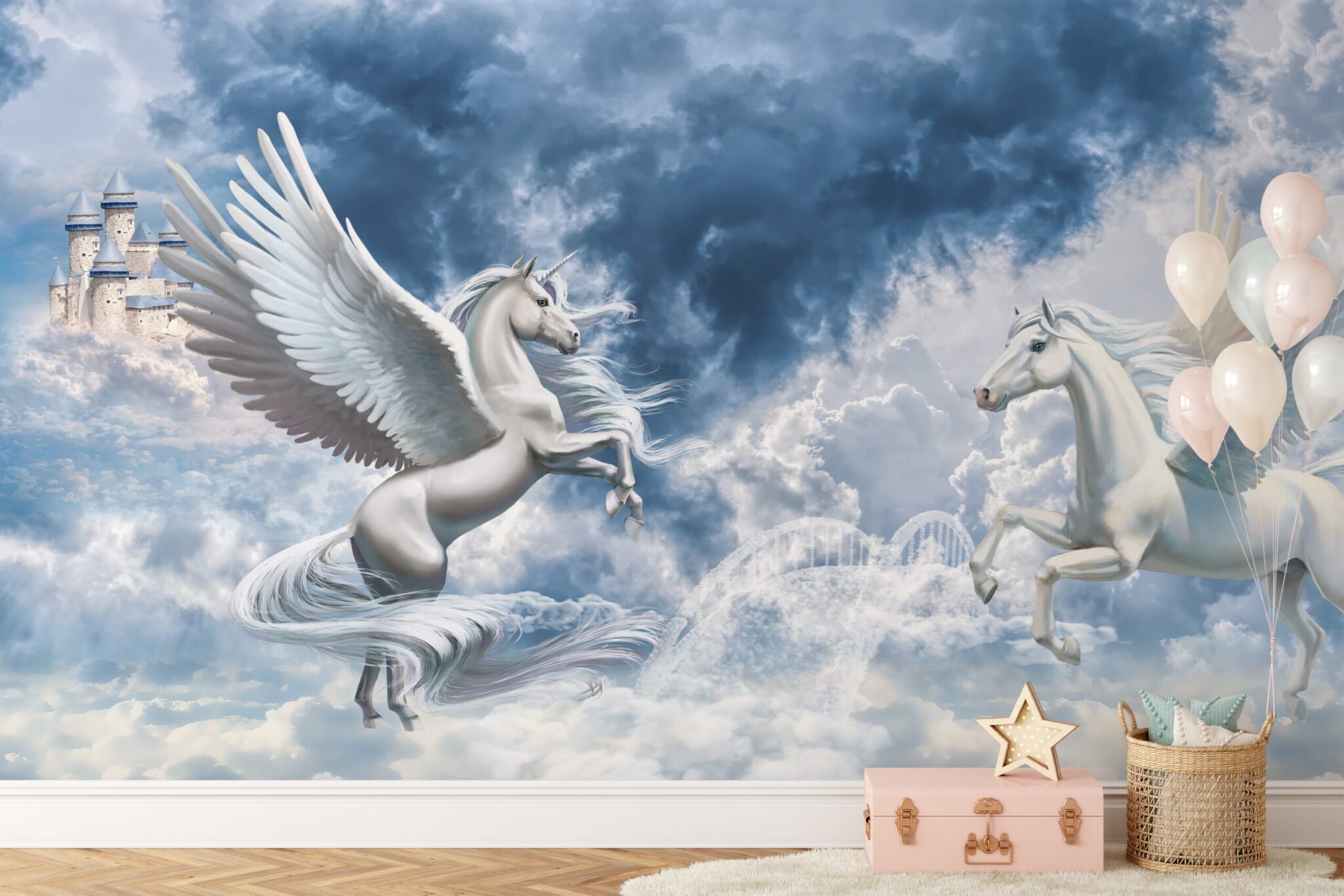 Büyük Beyaz Mistik Fantezi Tekboynuzlar ve Bulutlardaki Kaleler Duvar ...