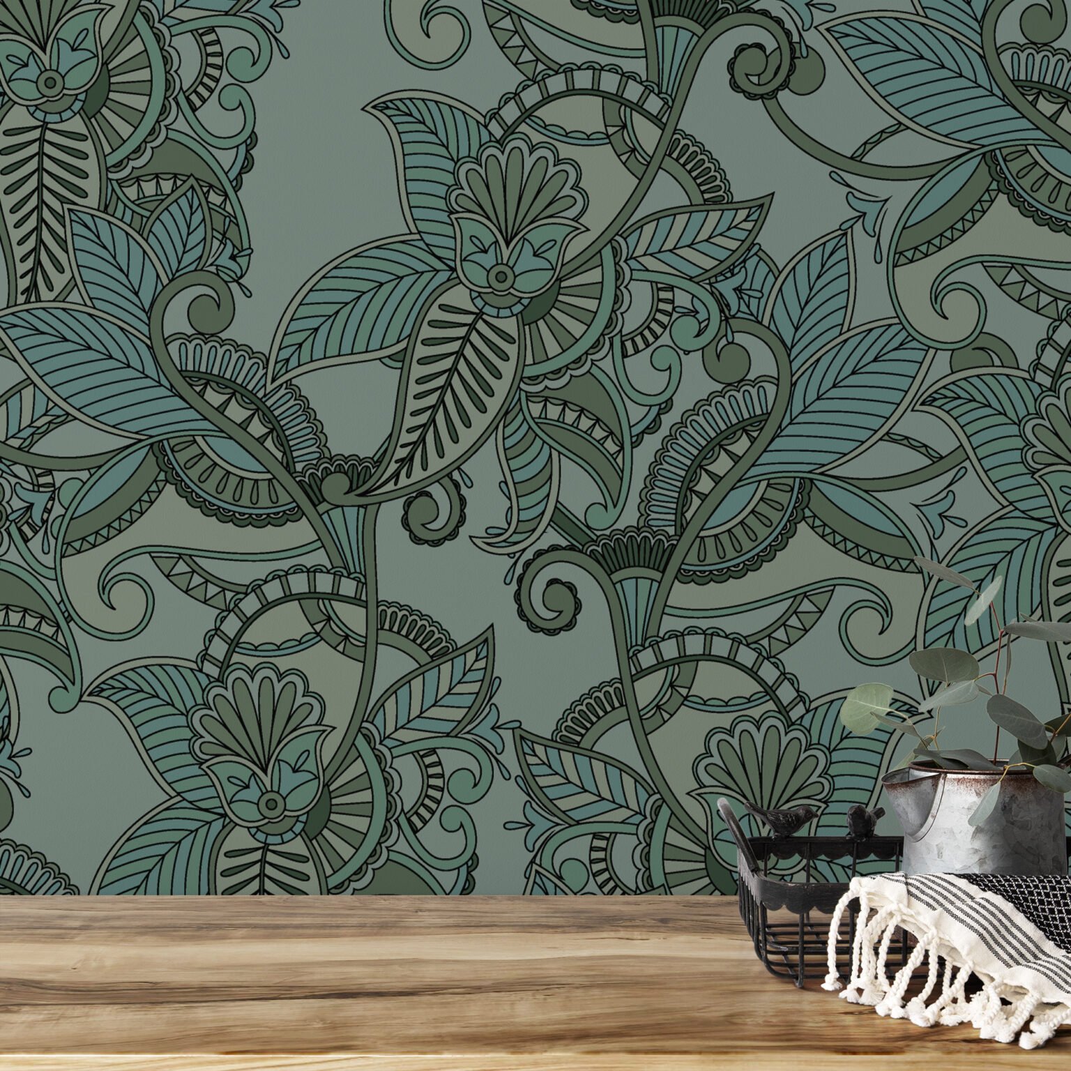 Koyu Salbei Renkli Çiçekli Damask Stil Duvar Kağıdı, Zarif Art Deco 3D ...